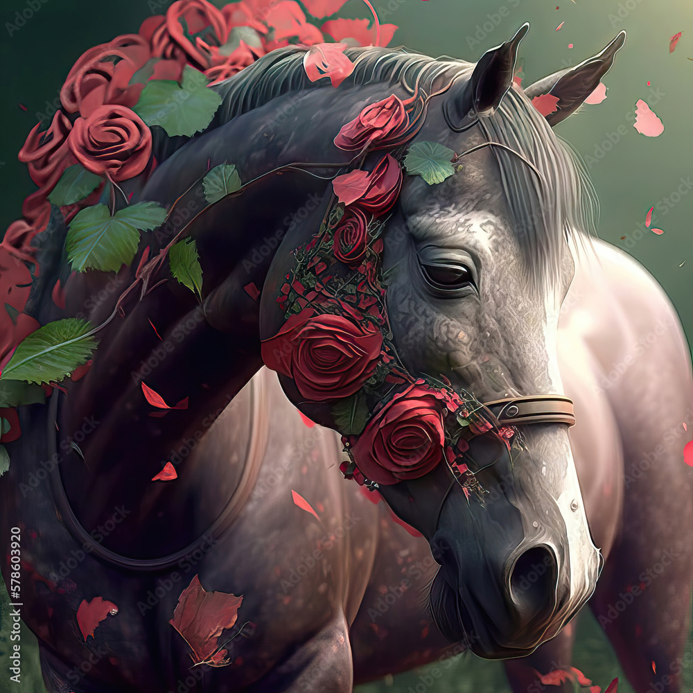 AI generated Horse portrait with red rose petals Stock Illustration ...
