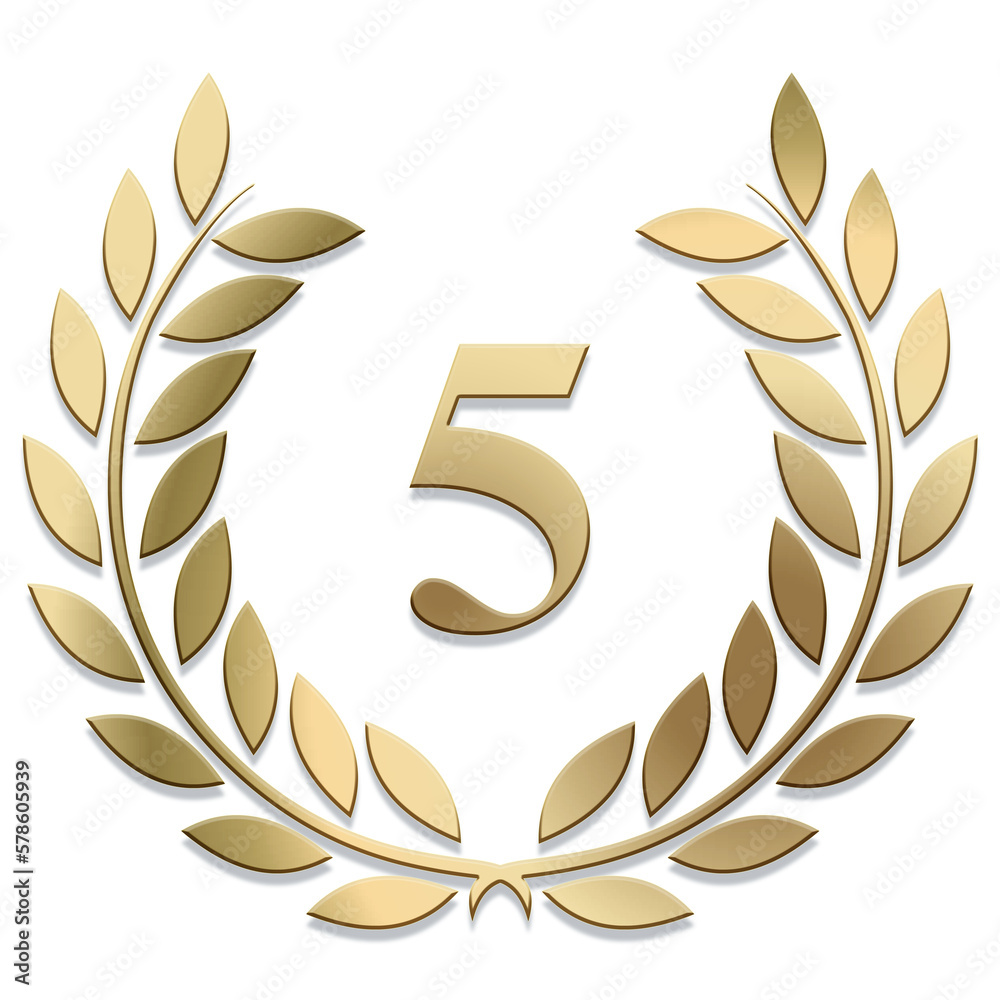 3D Gold PNG laurel wreath number 5 isolated Stock Illustration | Adobe ...