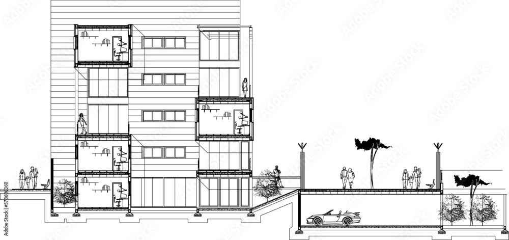 sketch vector illustration of modern minimalistic building section ...