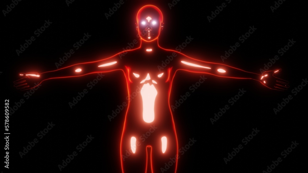 Glowing red outline of human body. Luminous female form raising arms ...