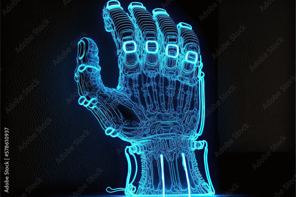 Blue neon robot mechanical arm or hand with 5 fingers in laboratory ...