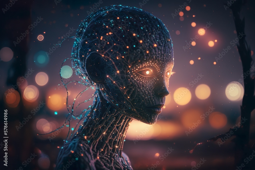 A portrait of an alien head is depicted as it connects to a ...