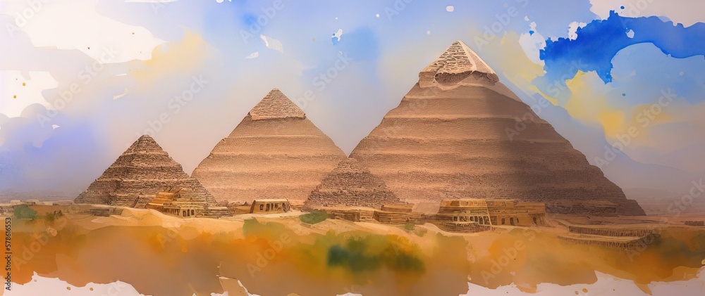 Watercolor drawing of the Giza plateau with the great pyramids in Egypt ...