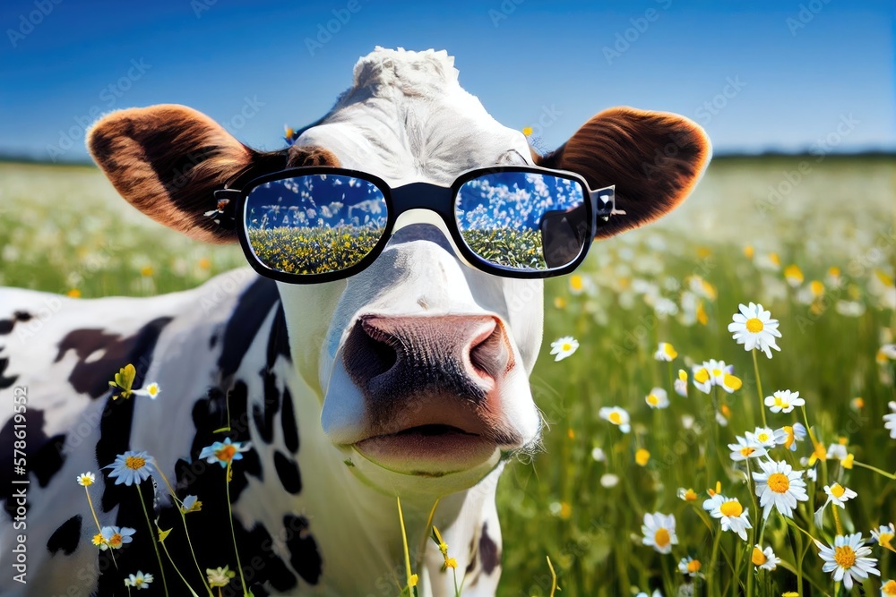 Cool cow in glasses on the meadow. Generative AI ilustração do Stock ...