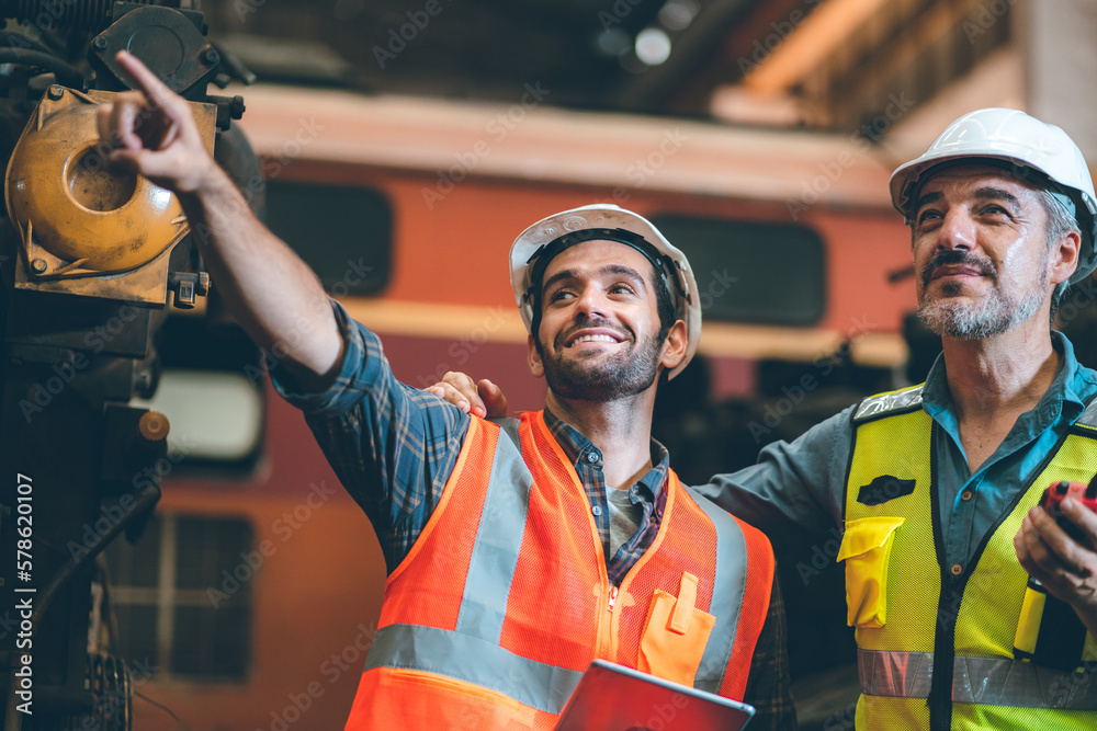 Teamwork men in construction site, Two civil engineer or professional ...