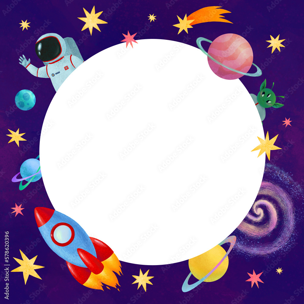 Cosmic space frame. Round shape edging with blank space for text or ...