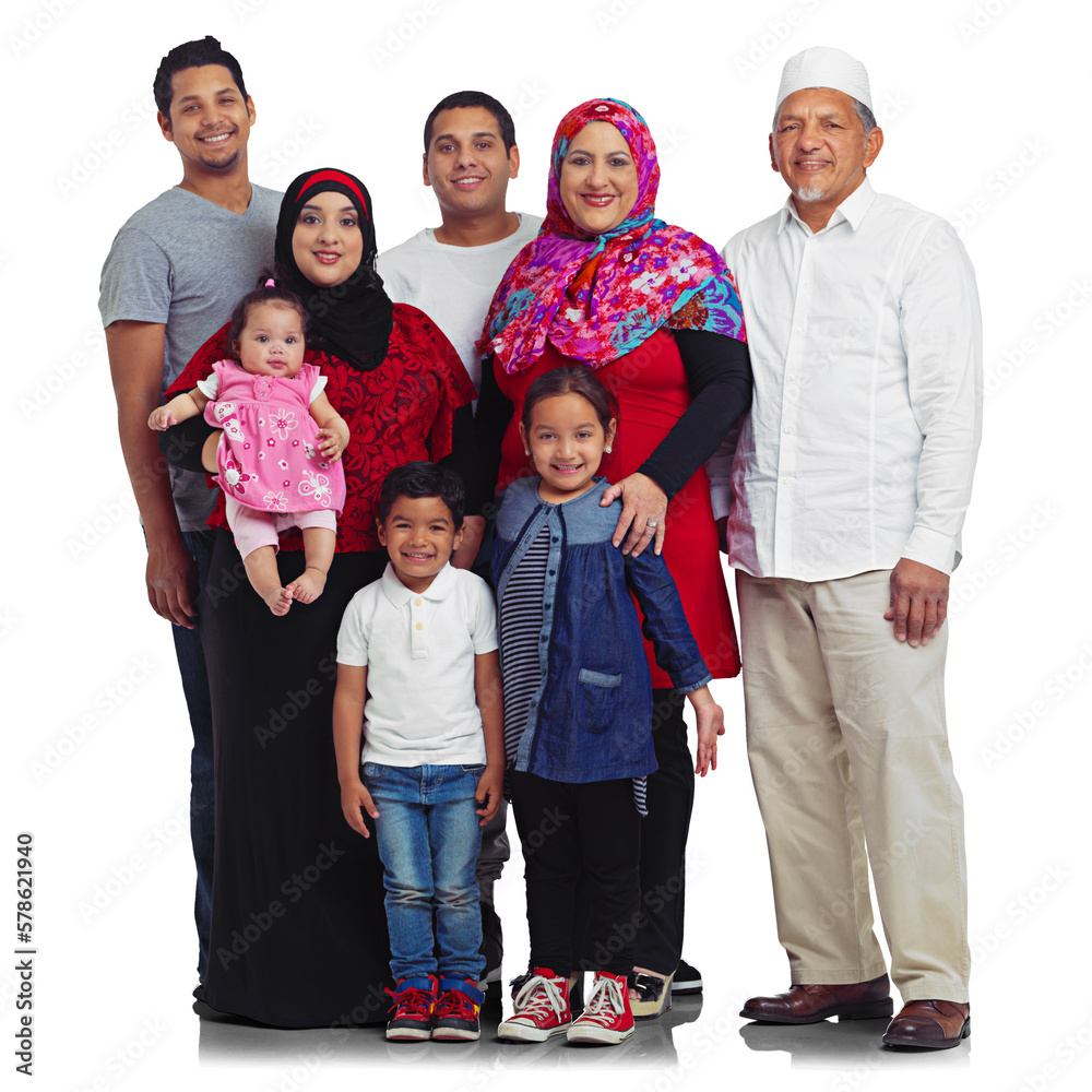 A happy Muslim family with men, women and children celebrating Eid with ...