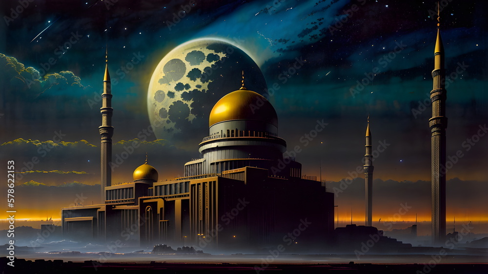 Mosque Night time full moon Ramadan Kareem Eid Greetingsl Islamic ...