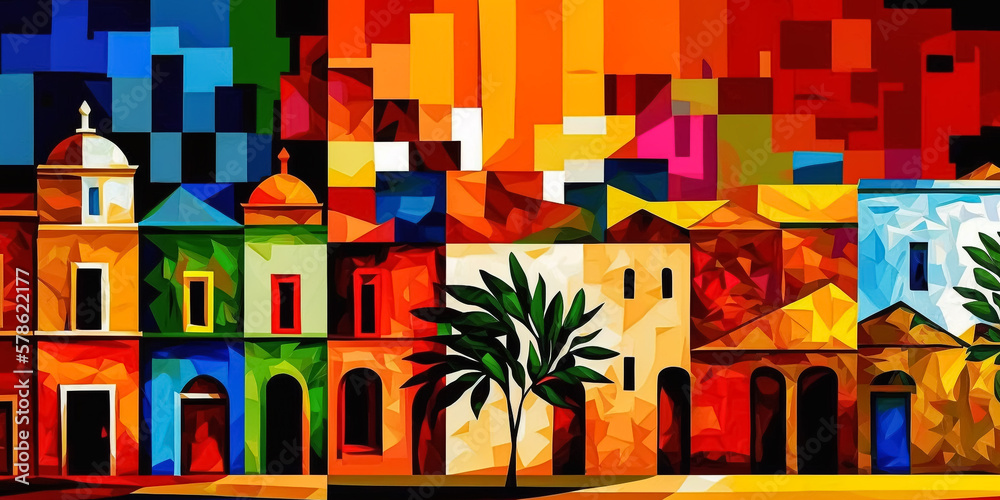 Abstract painting concept. Colorful art of a Caribbean urban landscape ...
