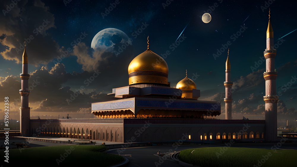 Ramadan Eid background Beautiful night view of mosque stars moon ...