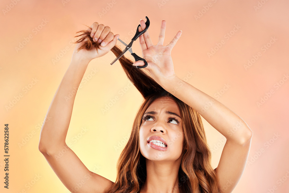 Hair care, woman and scissors for grooming, beauty and lady against a ...