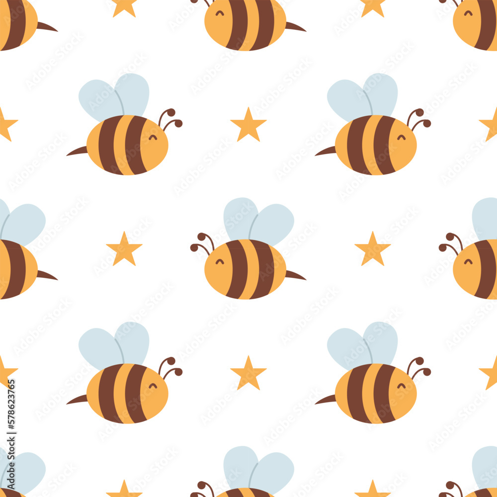 Vector seamless pattern with bees and stars. Striped honey bee and ...