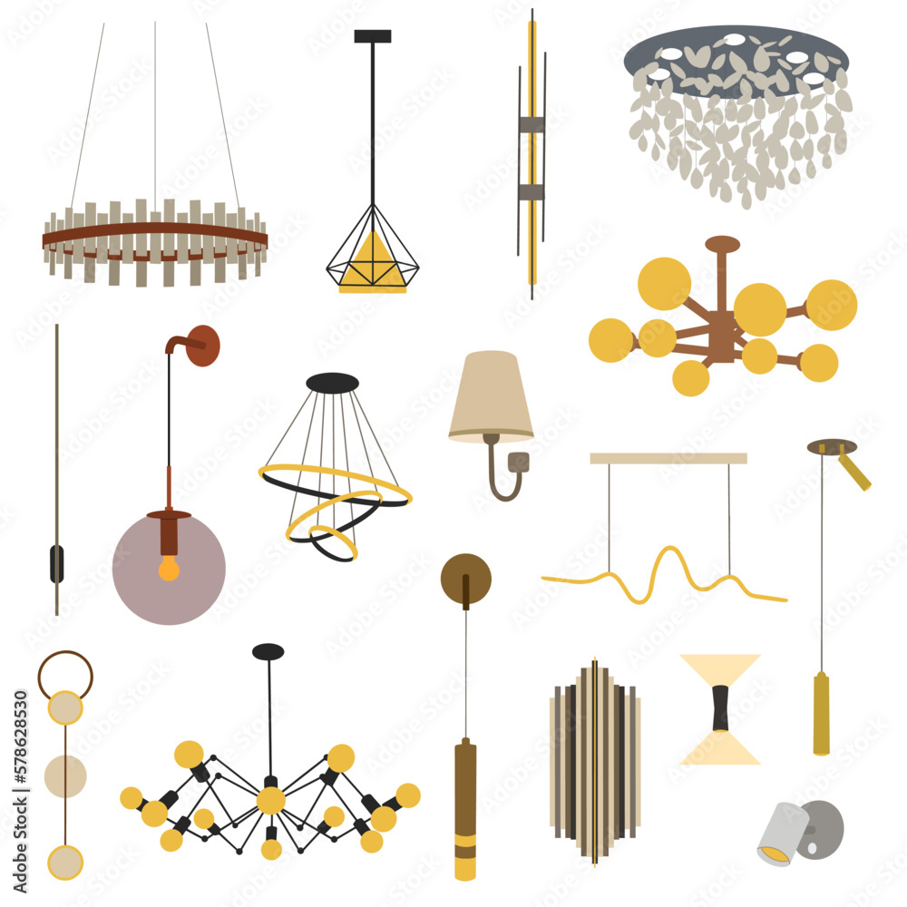 Big collection with chandeliers and lamps in flat style isolated on ...