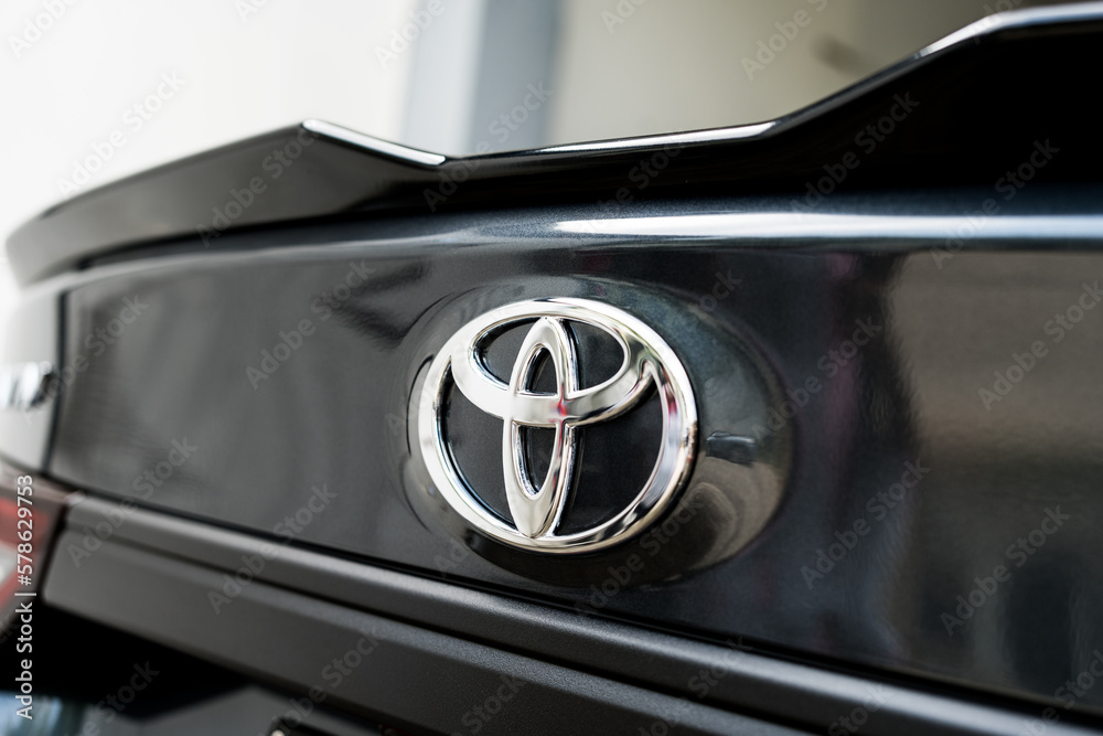 Bangkok, Thailand - March 7, 2023 : Close up of Toyota car logo in ...