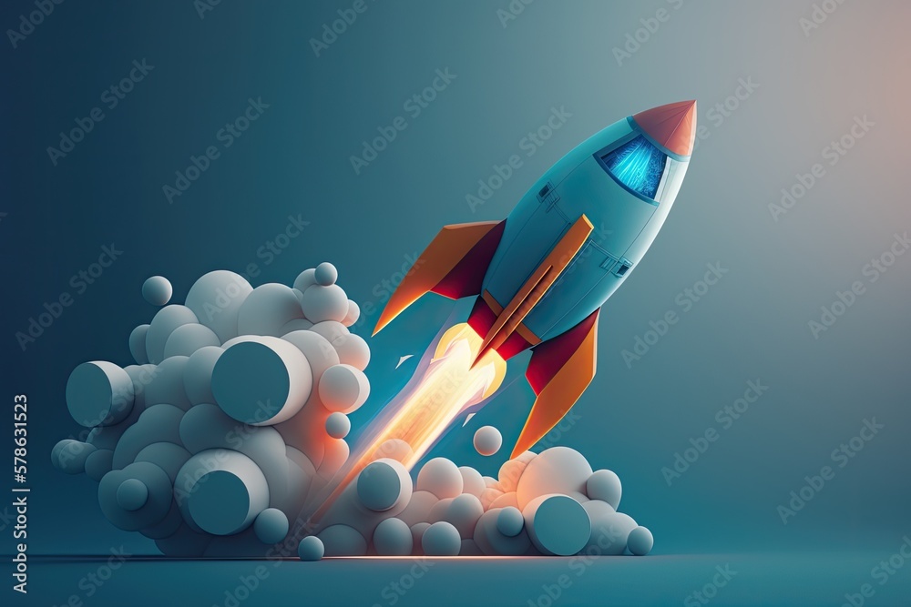 On a blue background, a single rocket flies off in a different ...