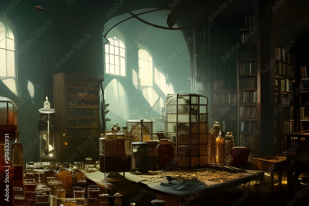 Alchemist lab. A strange and creepy cabinet of curiosities filled with ...