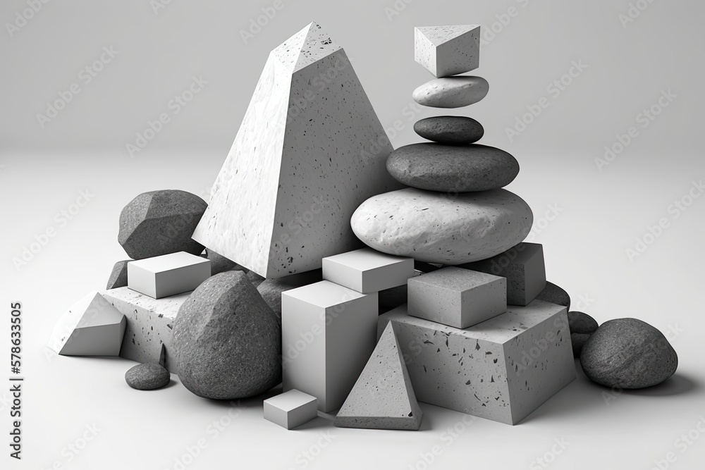 ภาพประกอบสต็อก Stones are piled high to form a pyramid against a white ...