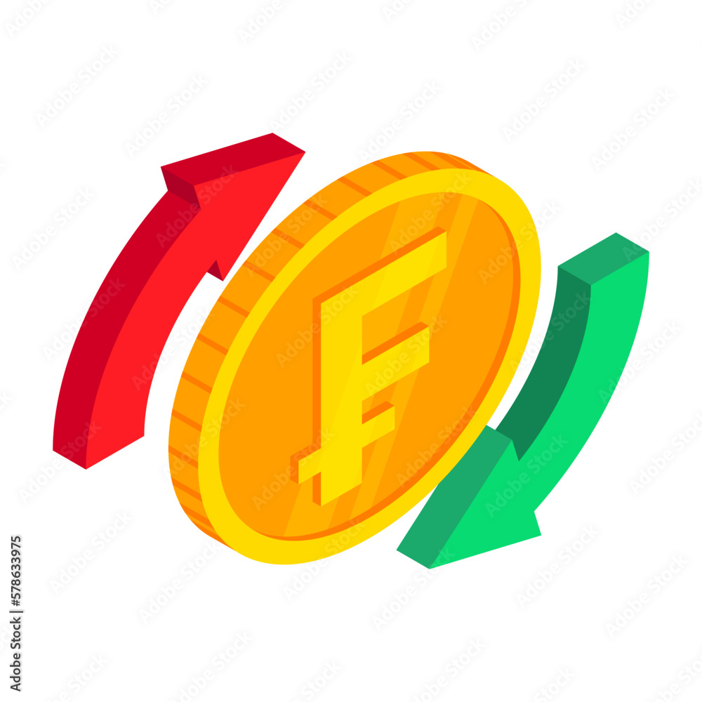 Isometric Swiss frank exchange icon. Gold frank coin with circle arrows ...