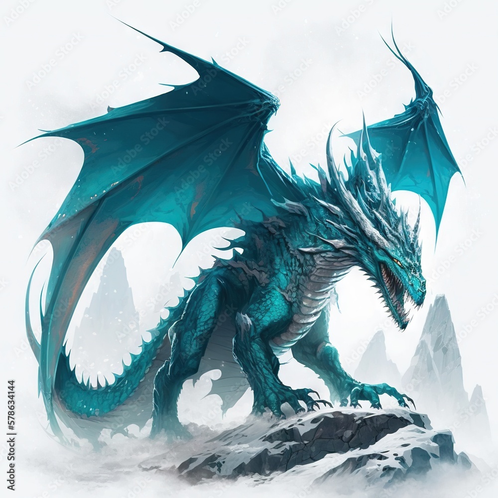 Fantasy RPG Ice Dragon drawing, white background Stock Illustration ...