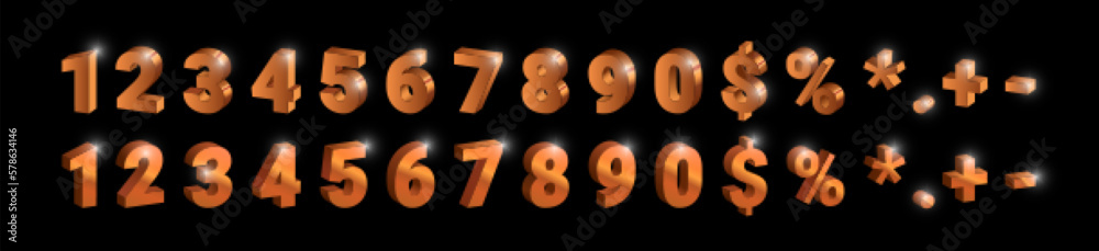 3D Bronze shiny metal numbers set, red gold font symbols isolated on ...
