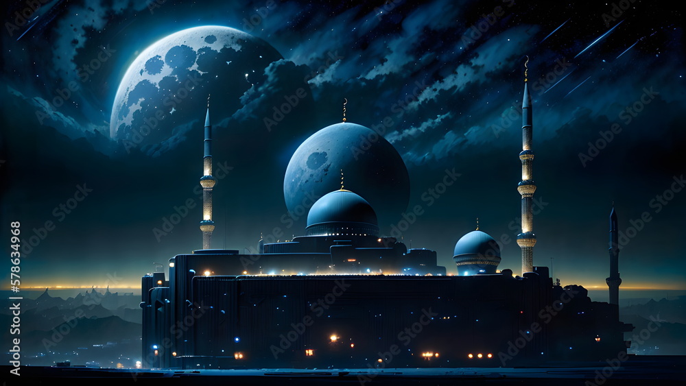 Ramadan Eid background Beautiful night view of mosque stars moon ...