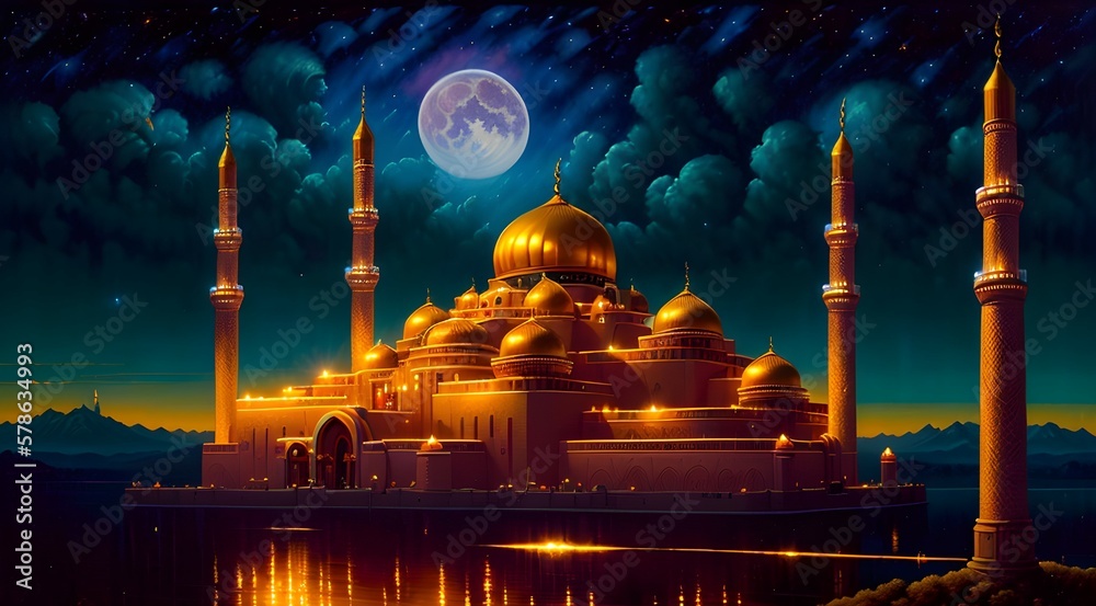 Ramadan Eid background Beautiful night view of mosque stars moon ...