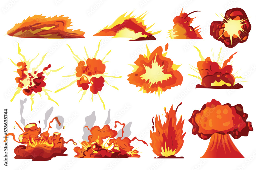 Cartoon dynamite or bomb explosion set concept without people scene in ...