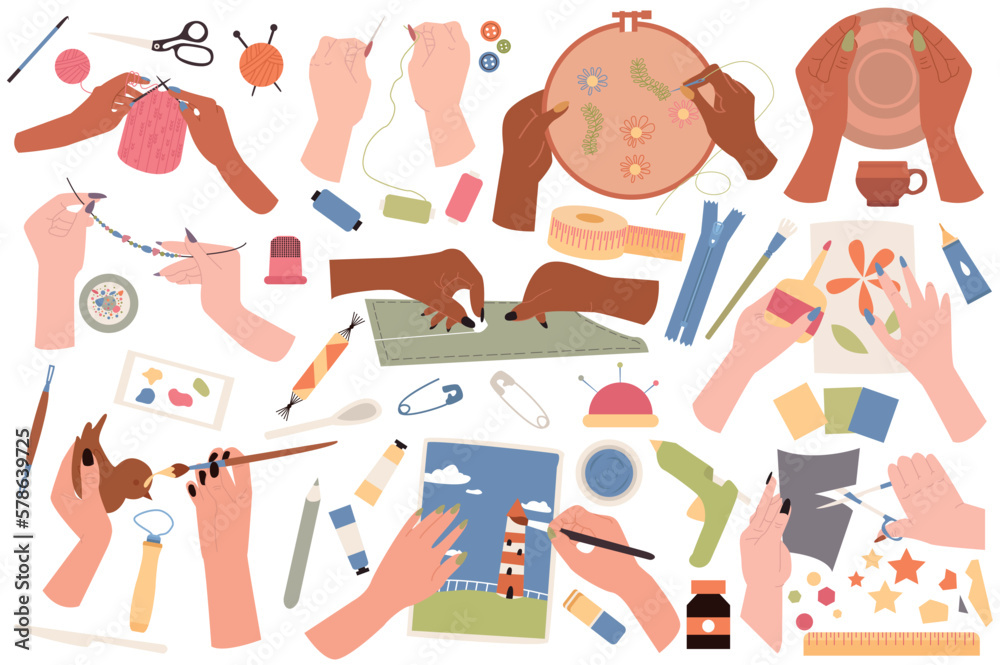 Human hands create handmade crafts set icons concept without people ...