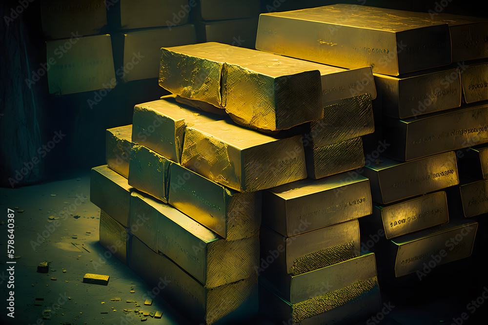 Stacks of gold bullion and safe deposit boxes in bank depository room ...