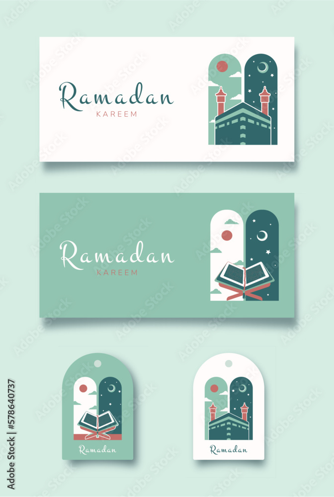 Ramadan Kareem. Set of Islamic greeting card and gift tags with Kaaba ...