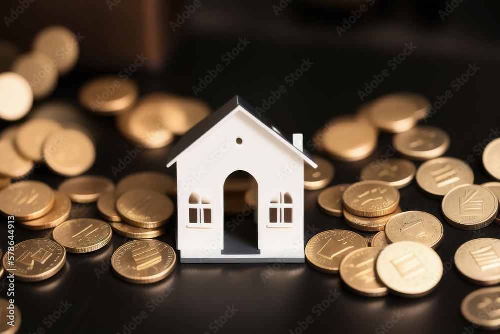 Model of miniature houses made of wood and gold coins, a symbol of ...
