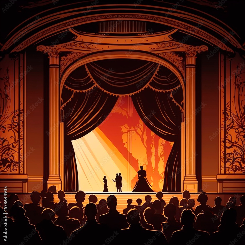 Theater stage with actors and a full hall of people. World Theater Day ...