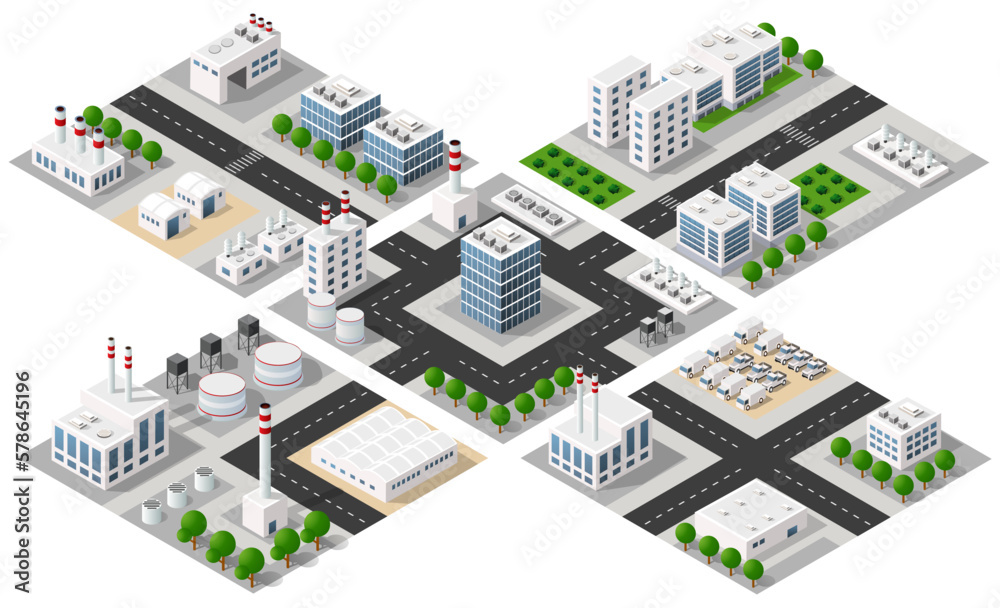 City urban area map Isometric factory industrial zone 3D illustration ...