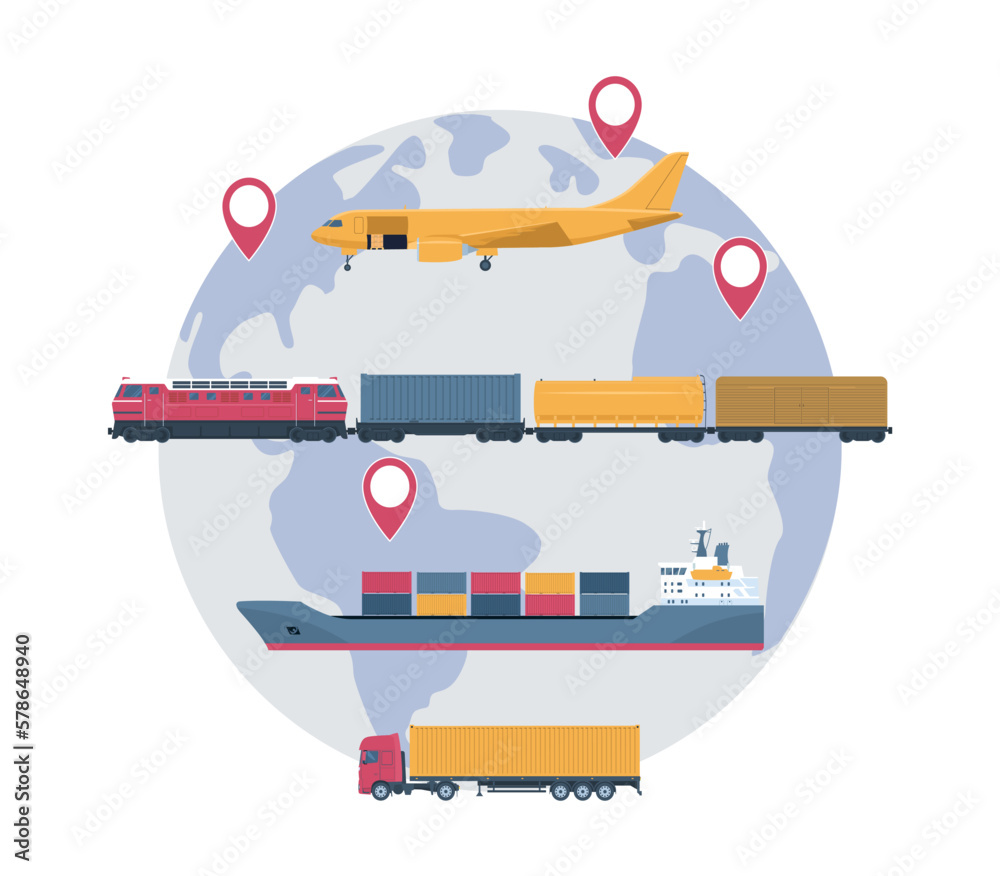 Logistic service concept. World map, truck, cargo ship, train and cargo ...