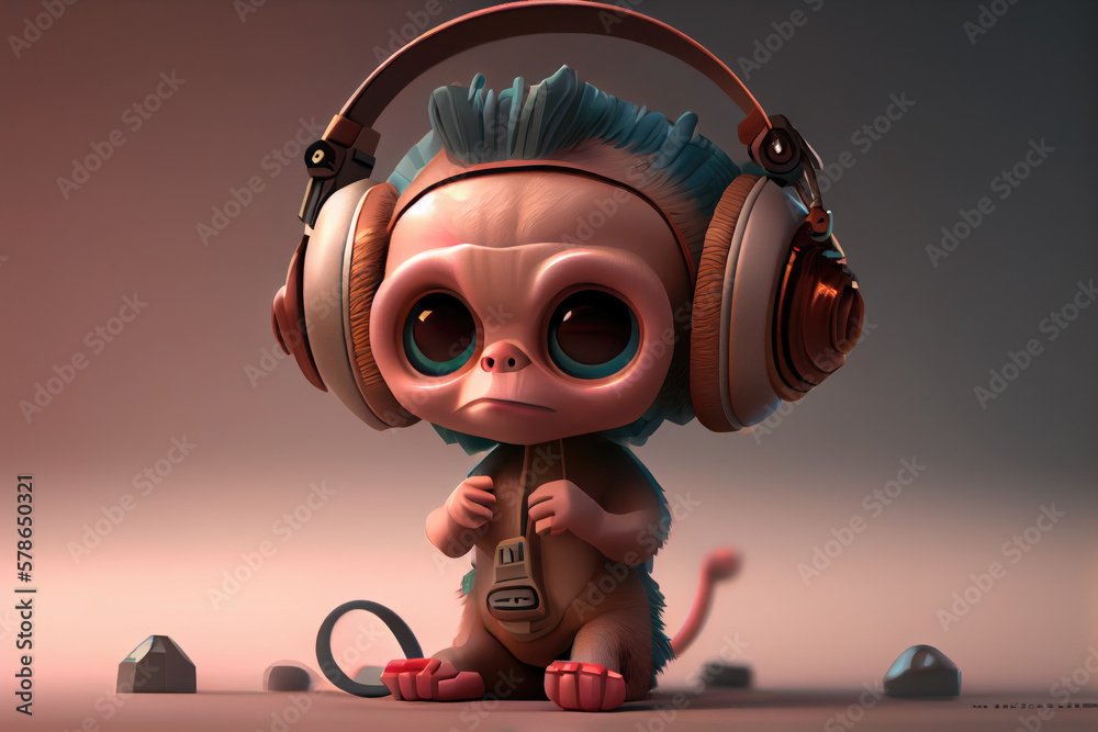 Generative AI 3d of a baby monkey with headphones on its head Stock ...