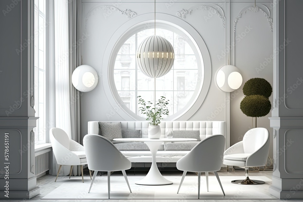 Room with white walls, contemporary furniture (sofa and chairs), and a ...