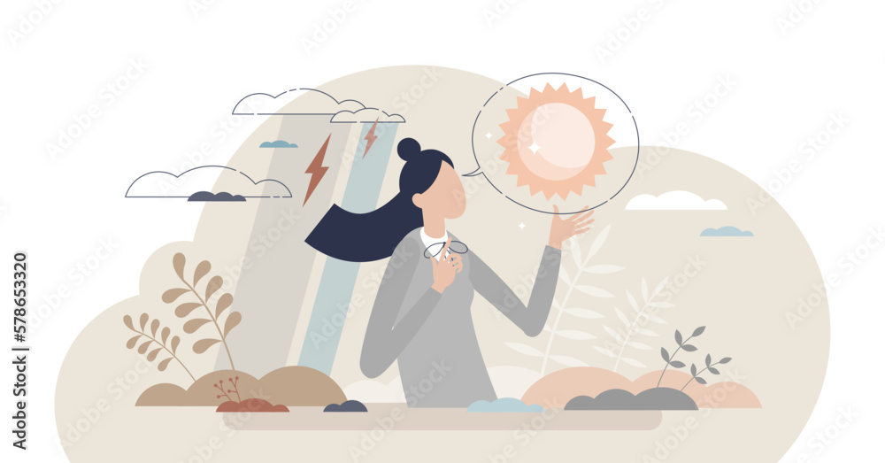 Positive thinking skill and happy mindset or brain attitude tiny person ...