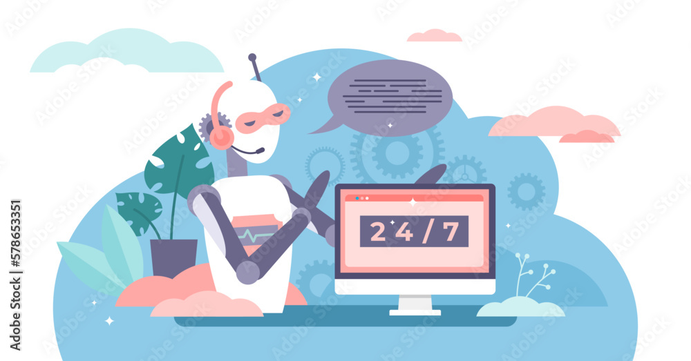 Robot telemarketer broadcast media flat tiny person illustration ...