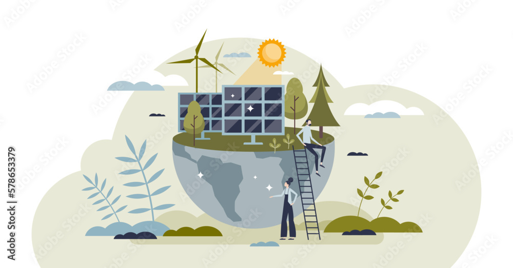 Solar farm as field with sun panel cells to collect energy tiny person ...