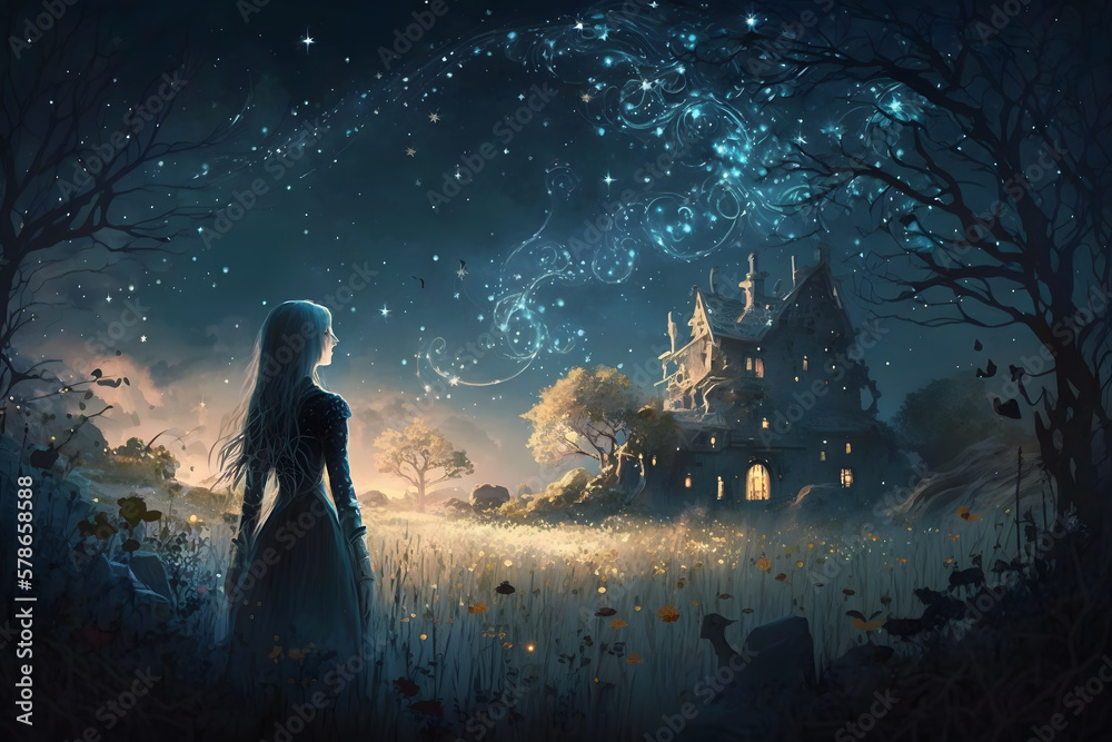 Magic fairy tale night fantasy landscape with girl silhouette. Neural ...