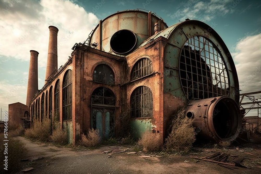 Abandoned sugar refinery with broken windows and rusted machinery ...