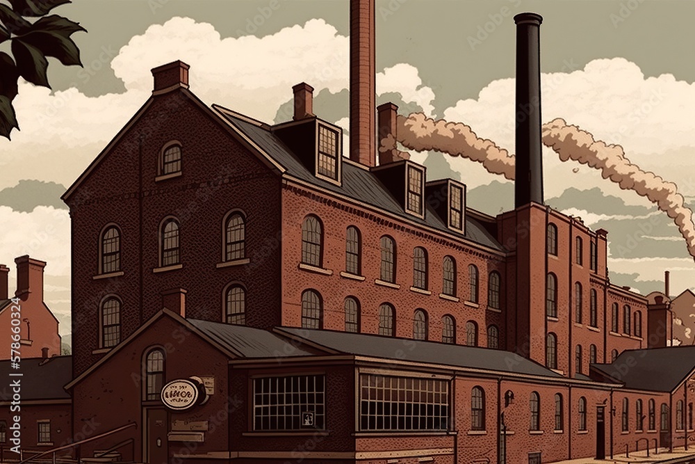An old-fashioned textile mill with red brick walls and chimneys spewing ...