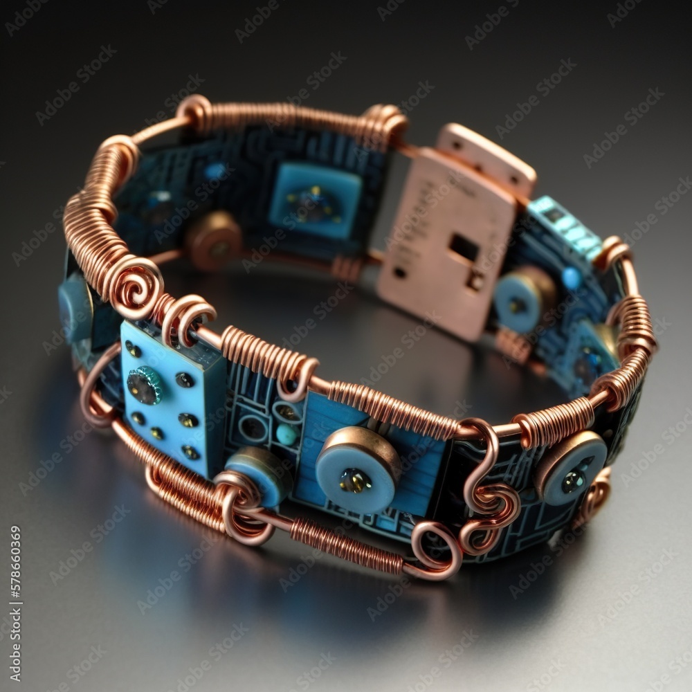Bracelet made of copper wire and circuit board pieces in different ...