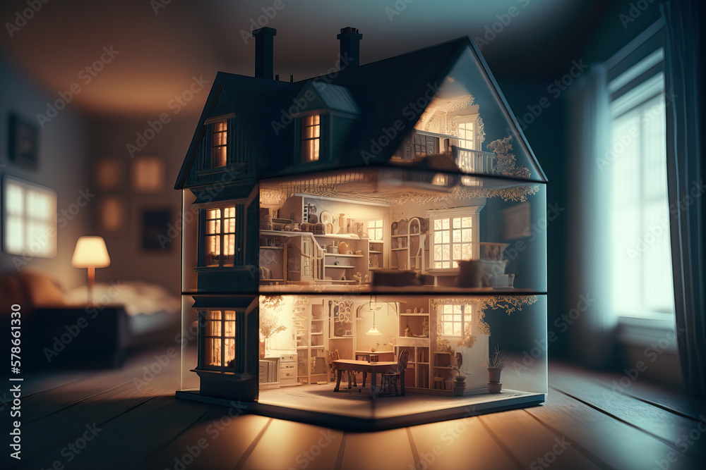 Wooden model of a beautiful house. Planning buy real estate. Managing ...