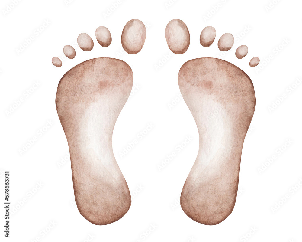 Watercolor illustration. Hand painted human footprints in brown, beige ...