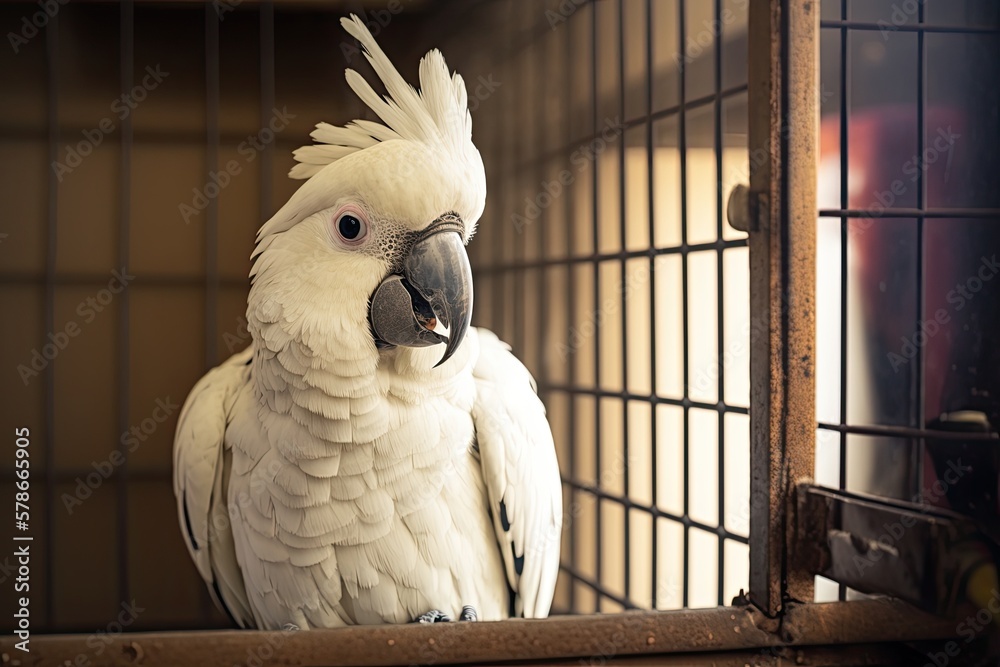 Cacatua cockatoo parrot, a white domestic parrot, in a cage in a coffee ...