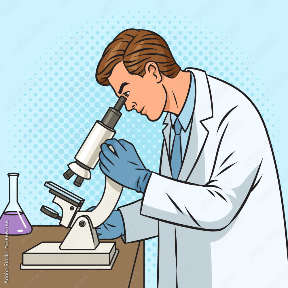 Poster Medical chemist scientist with microscope pinup pop art retro ...