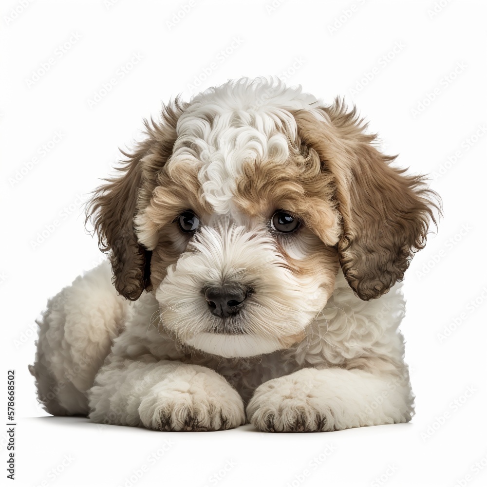 Cute little house bolognese puppy, laying down. Looking curious towards ...