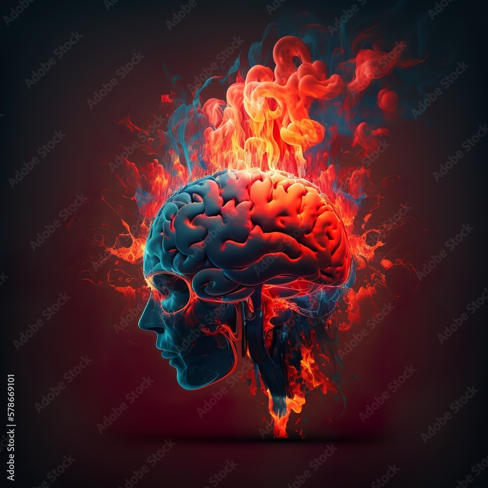 The human brain is red-hot from high mental activity, hot fire smokes ...