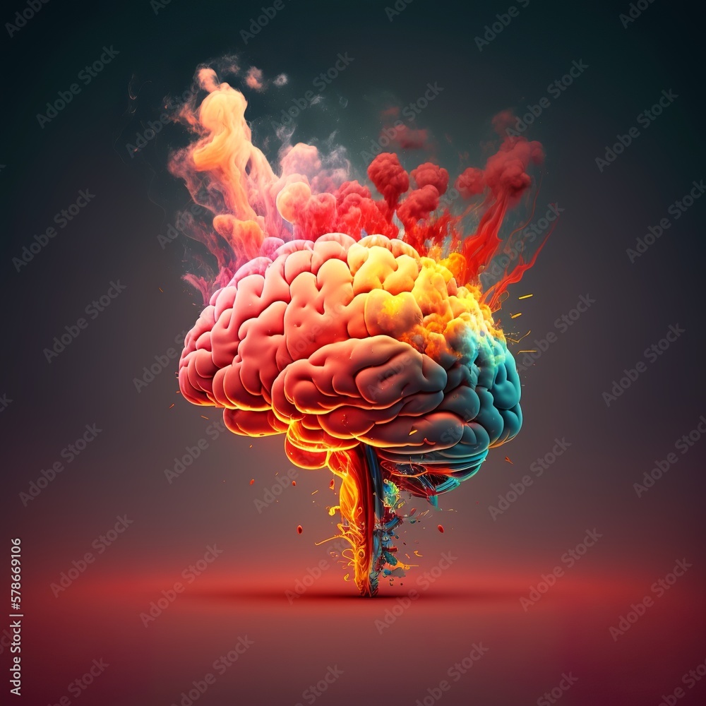 The human brain is red-hot from high mental activity, hot fire smokes ...